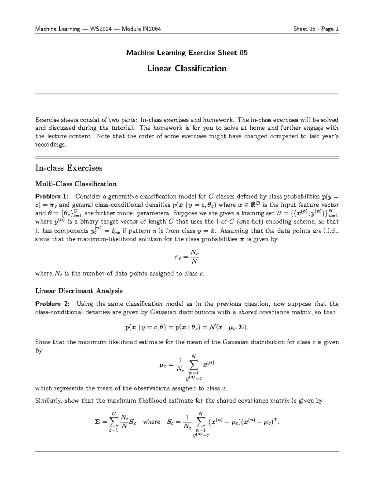 Exercise 05 Linear Classification Machine Learning — Ws2024 — Module 7821