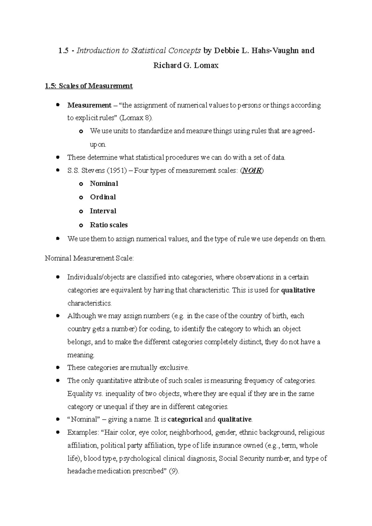 Hahs-Vaughn and Lomax "Introduction to Statistical Concepts" 1.5 Scales ...