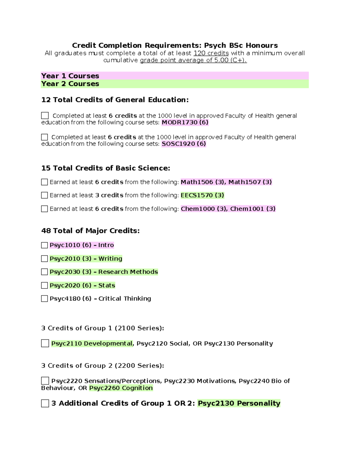 Credit Completion - Year 1 Courses Year 2 Courses 12 Total Credits of ...