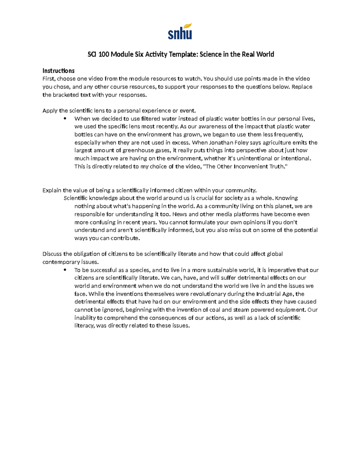 Sci 100 Module Six Activity Template You Should Use Points Made In