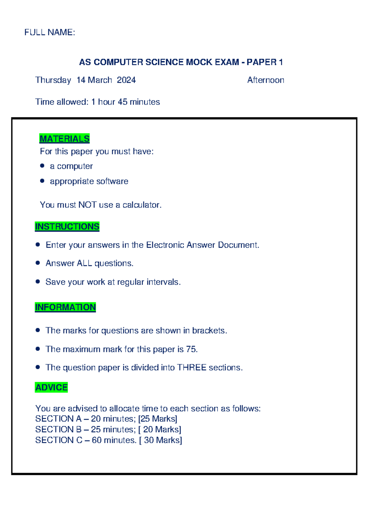 Mock Exam Paper- AS CS 2024 - FULL NAME: AS COMPUTER SCIENCE MOCK EXAM ...