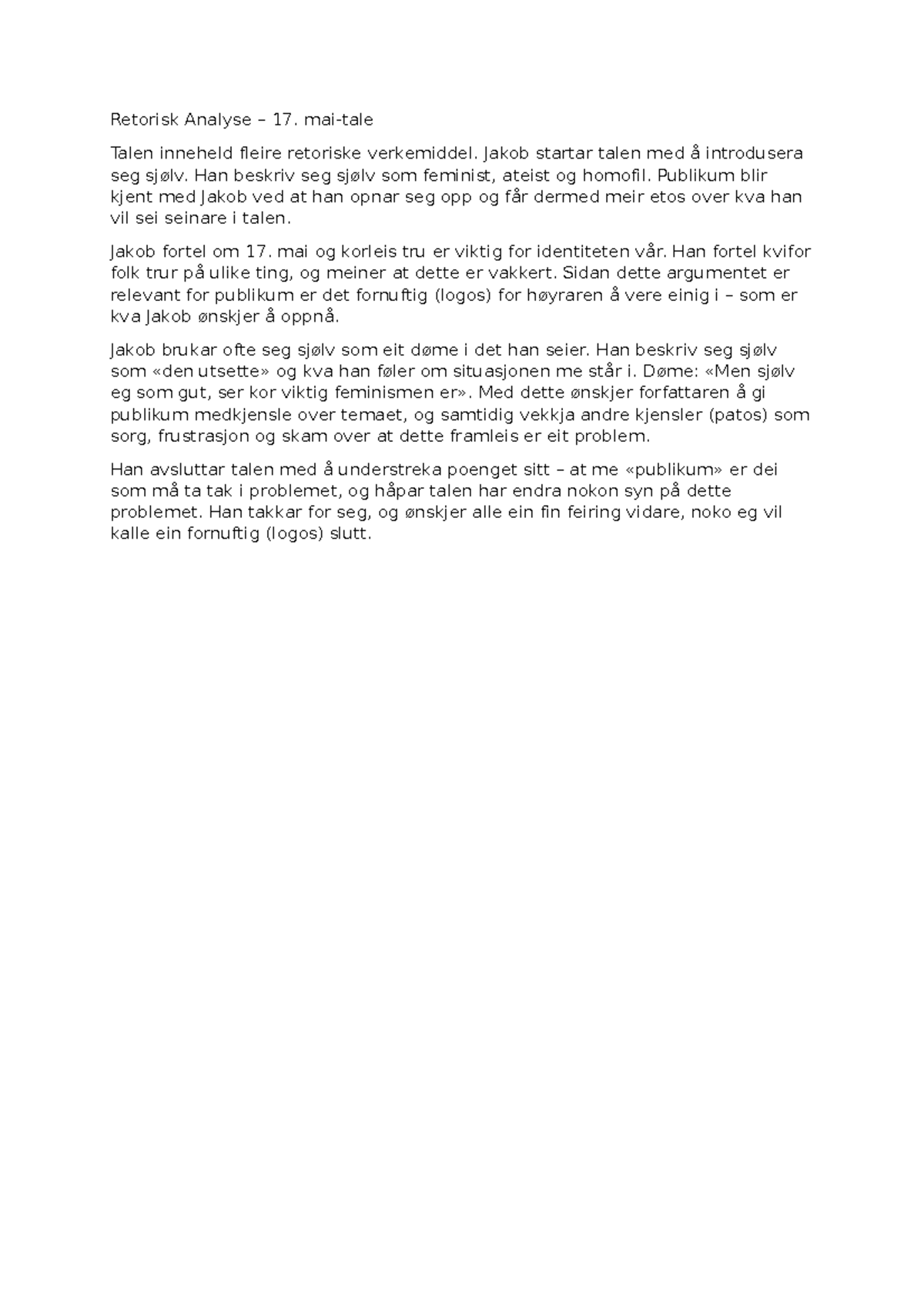 17. mai-tale - retorisk analyse kortsvar (Norsk) - Retorisk Analyse – 17. mai-tale Talen ...