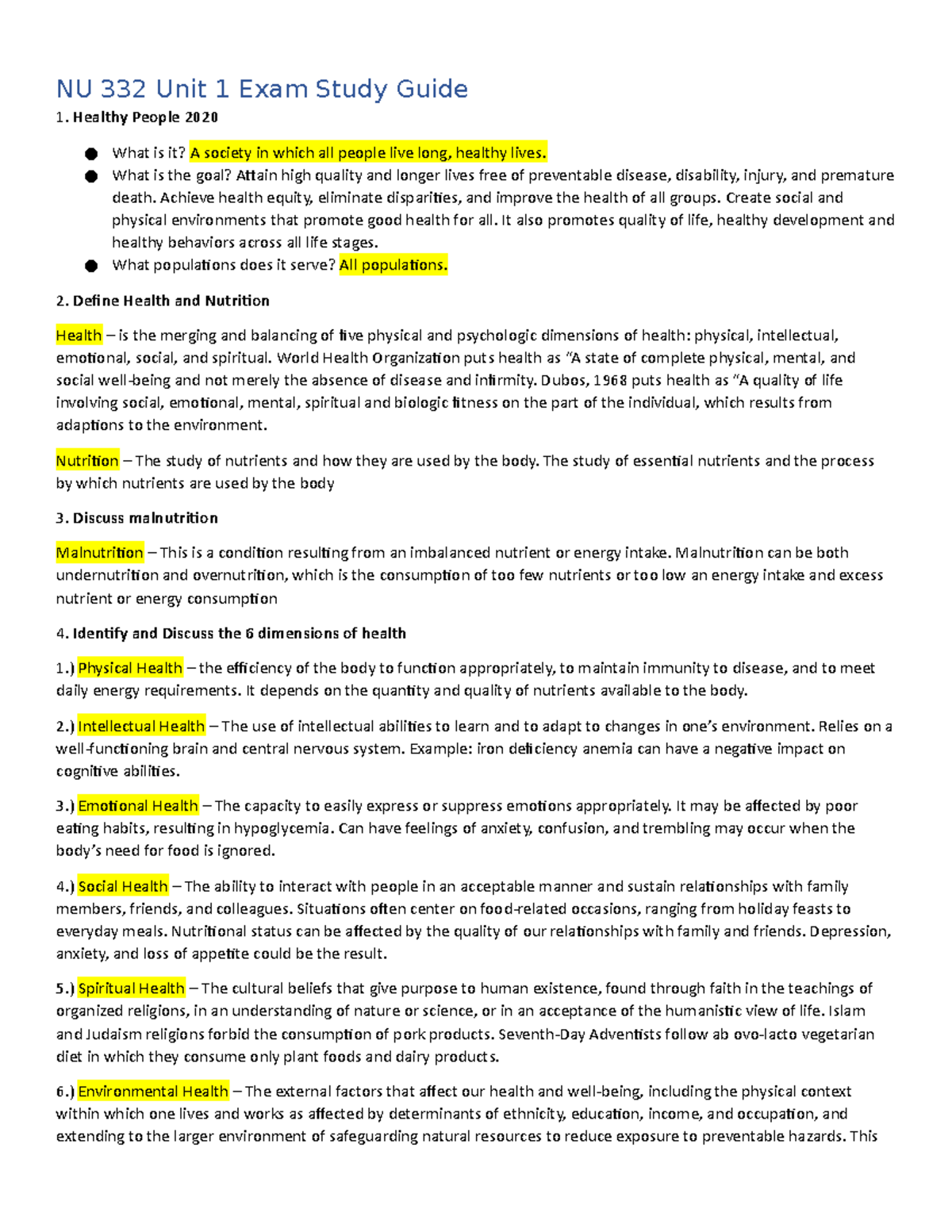 NU 332 Unit 1 Exam Study Guide - NU 332 Unit 1 Exam Study Guide Healthy ...