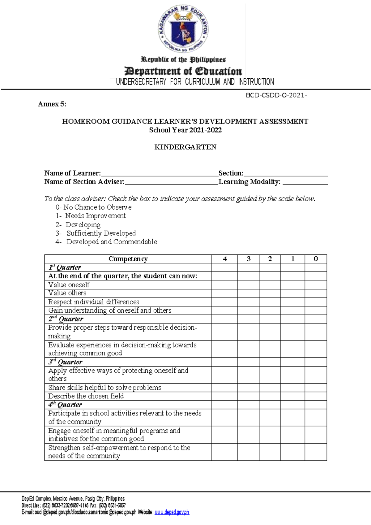 Annex 5 Kindergarten - UNDERSECRETARY FOR CURRICULUM AND INSTRUCTION ...