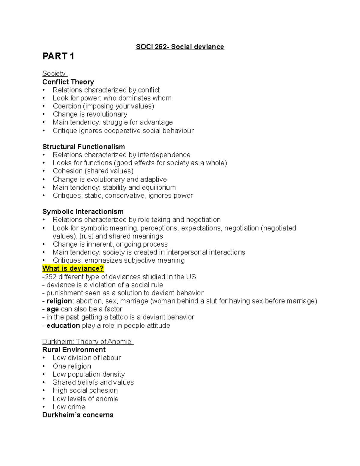 Social Deviance Class Notes - SOCI 262- Social deviance PART 1 Society ...