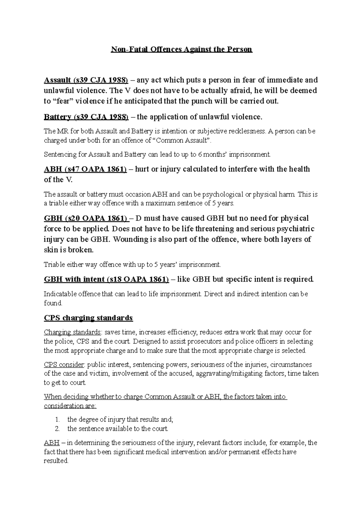 OAPA - Reading for OAPA - Non-Fatal Offences Against the Person Assault ...