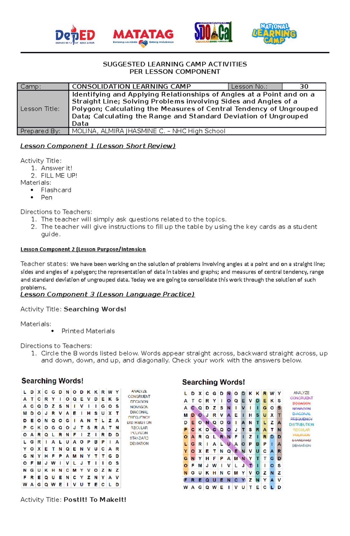 Math 7 NLC Consolidation Lesson 11 - SUGGESTED LEARNING CAMP ACTIVITIES ...