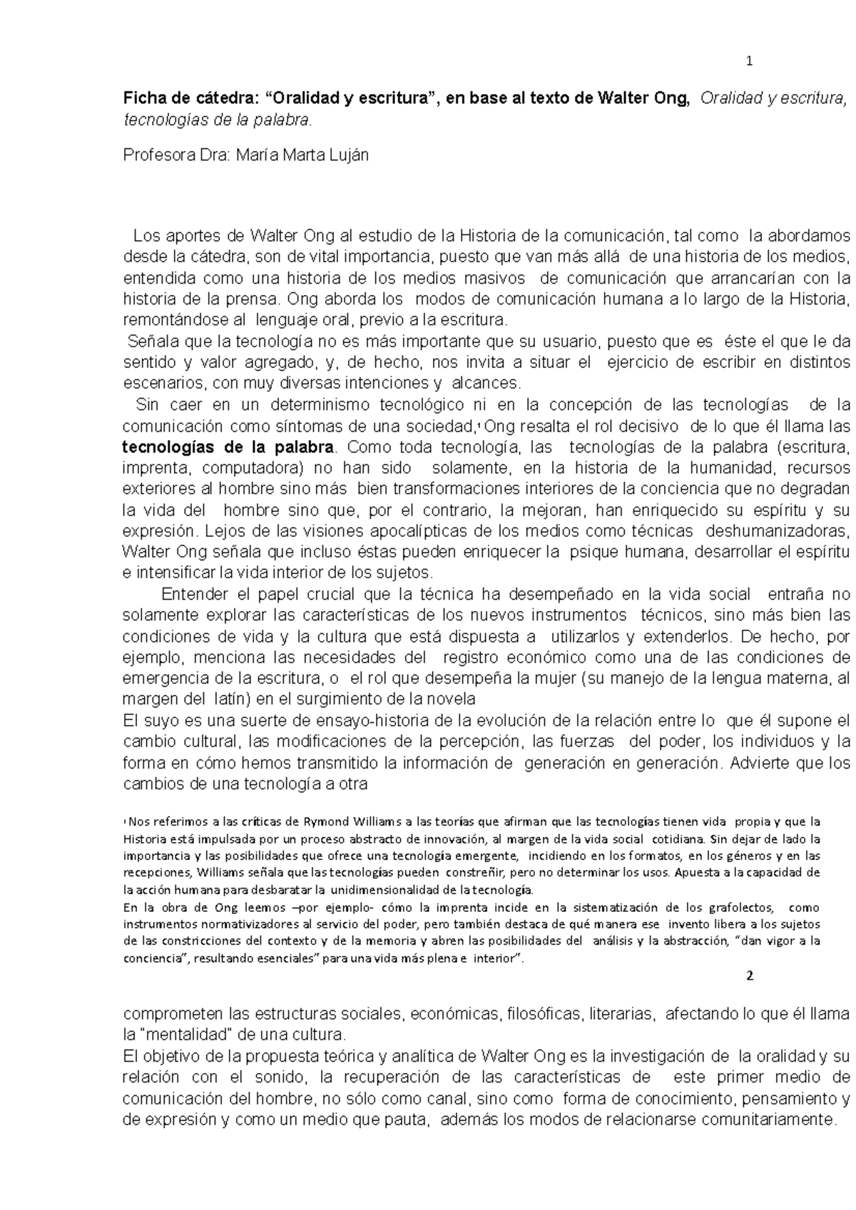 Ong, Walter. Ficha de cátedra - 1 Ficha de cátedra: “Oralidad y ...