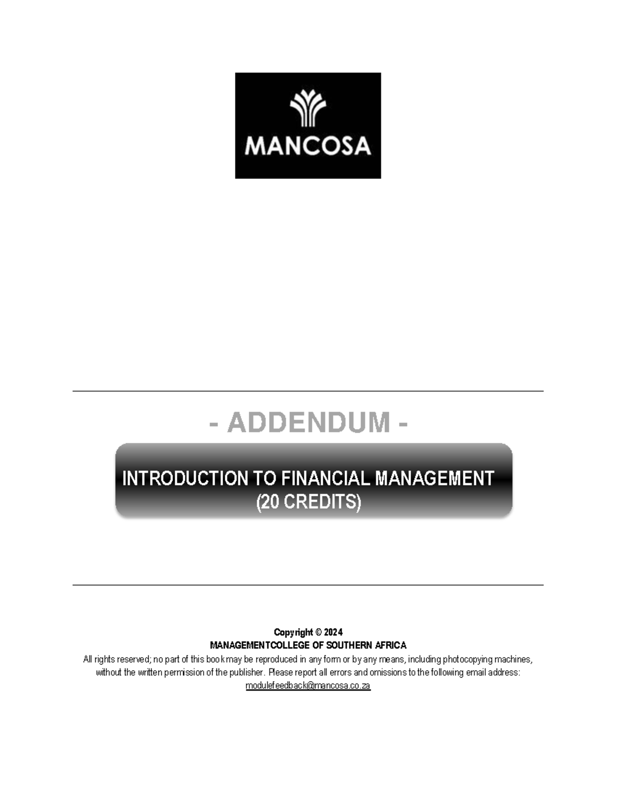 Introduction to Financial Management (20 Credits) - January 2024 ...