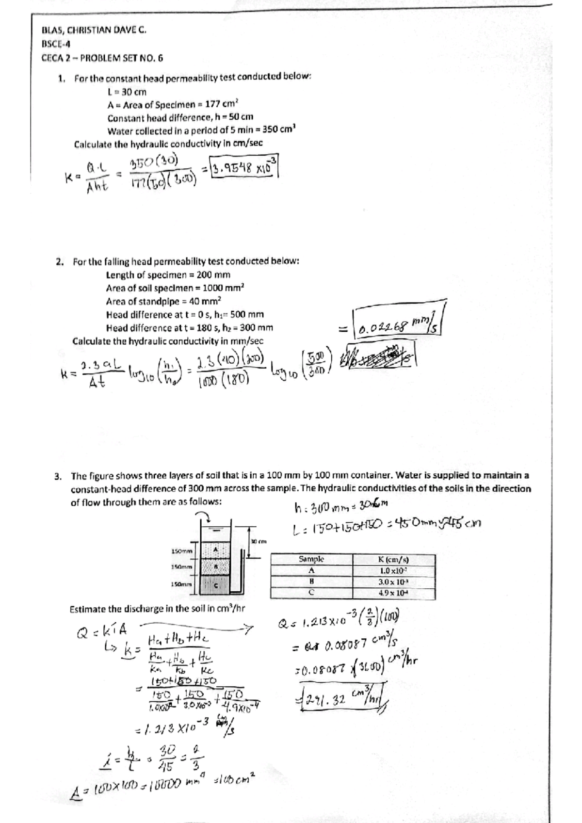 Geotech 2 - Practice Problems - BLAS, CHRISTIAN DAVE C. CECA 2 PROBLEM SET NO. 6 1. For the ...