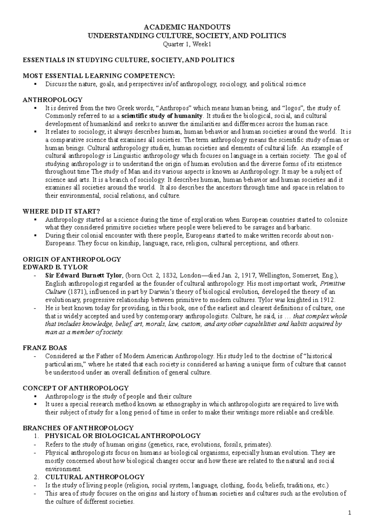 1 UCSP Q1W1 AHO - UCSP - ACADEMIC HANDOUTS UNDERSTANDING CULTURE ...