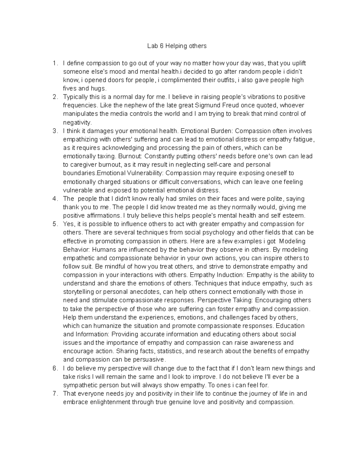 Lab 6 Helping others - lab 6 - Lab 6 Helping others I define compassion ...