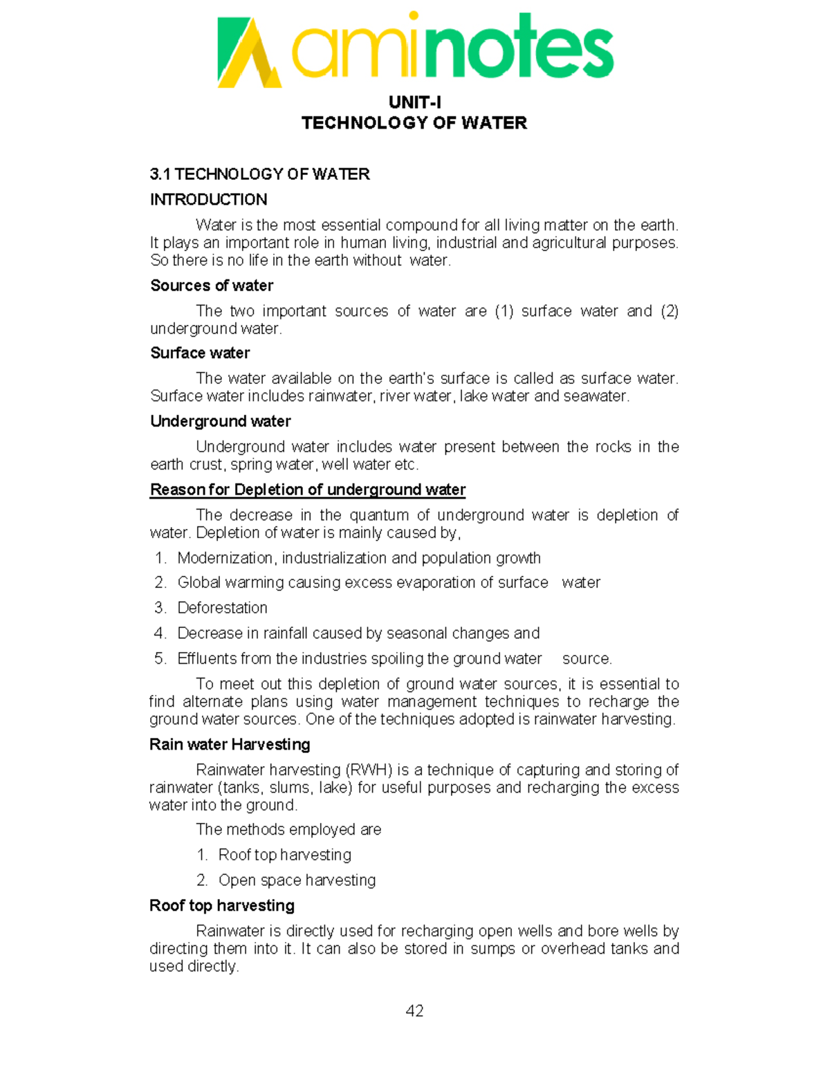Chemistry Notes - UNIT-I TECHNOLOGY OF WATER 3 TECHNOLOGY OF WATER ...