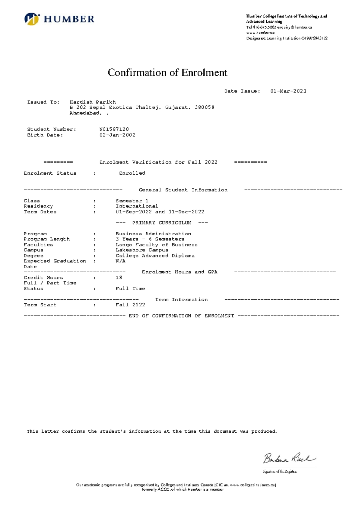 STUN01587120 202270 BUS Admin DA COE - Humber College Institute of ...