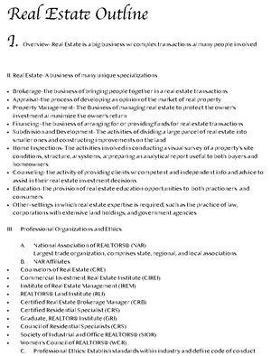 Real Estate Chapter 2 - Notes - Chapter 2 I. Land, Real Estate, and ...