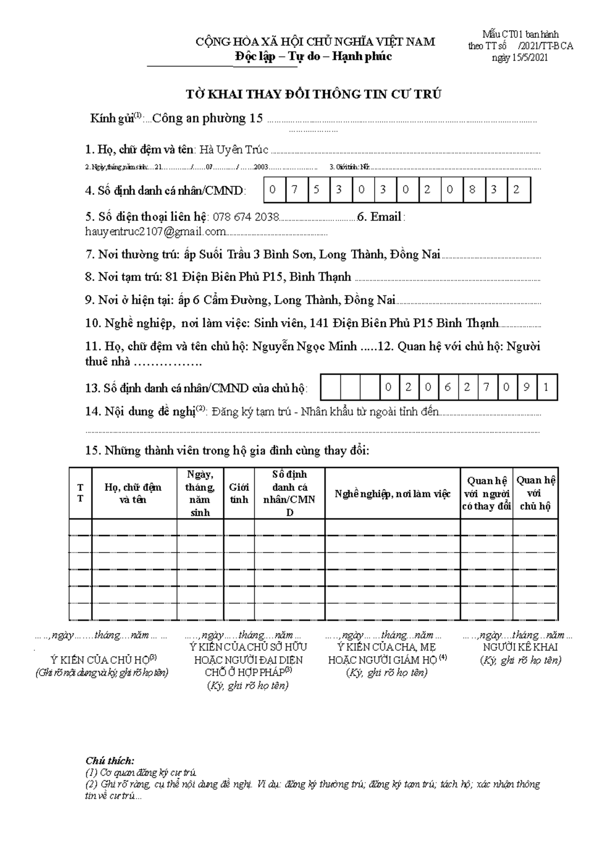CT01 - ct01 - CỘNG HÒA XÃ HÔ I CHỦ NGHĨA VIỆ T NAṂ Độc lập – Tự do ...