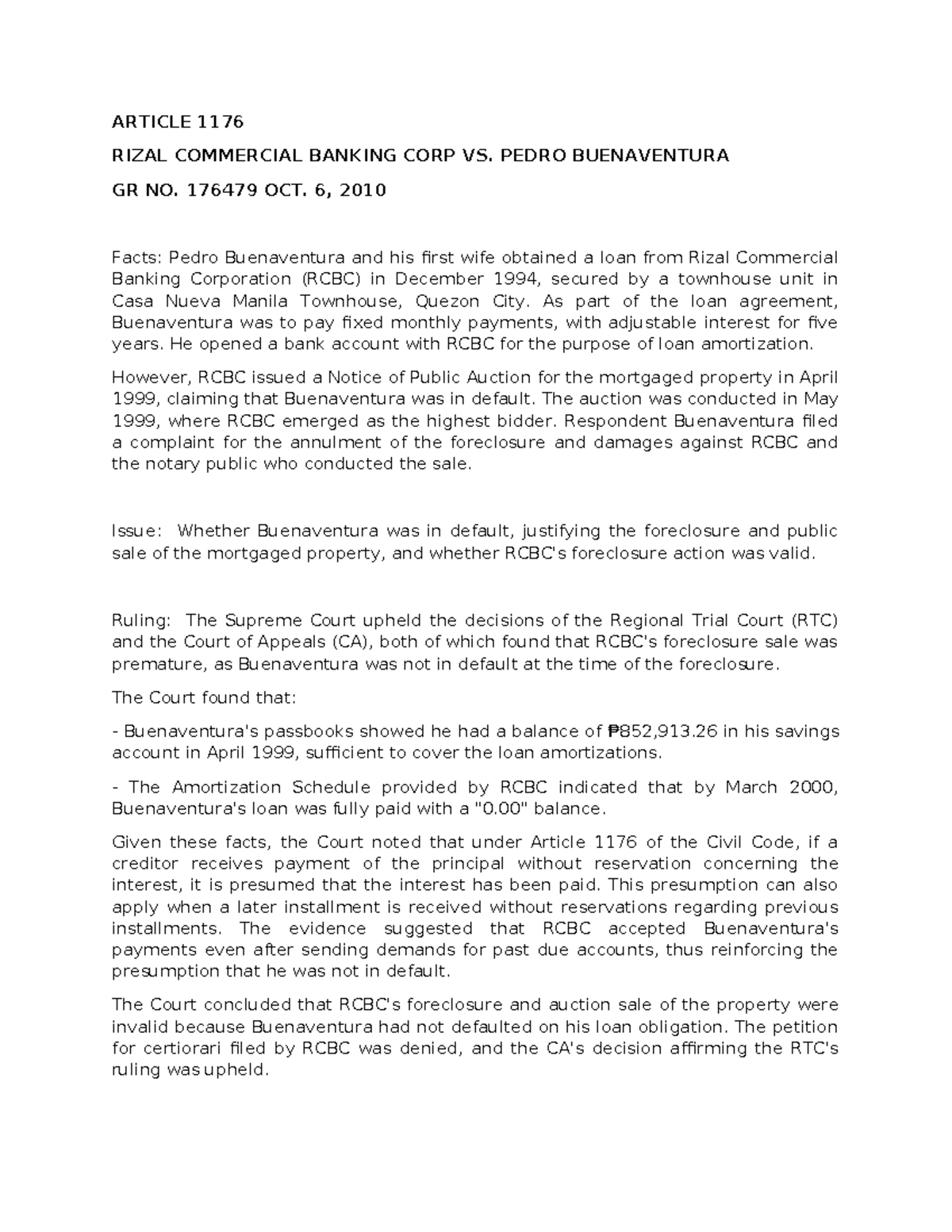 1. Rizal Commercial Banking CORP VS. Pedro Buenaventura - ARTICLE 1176 ...