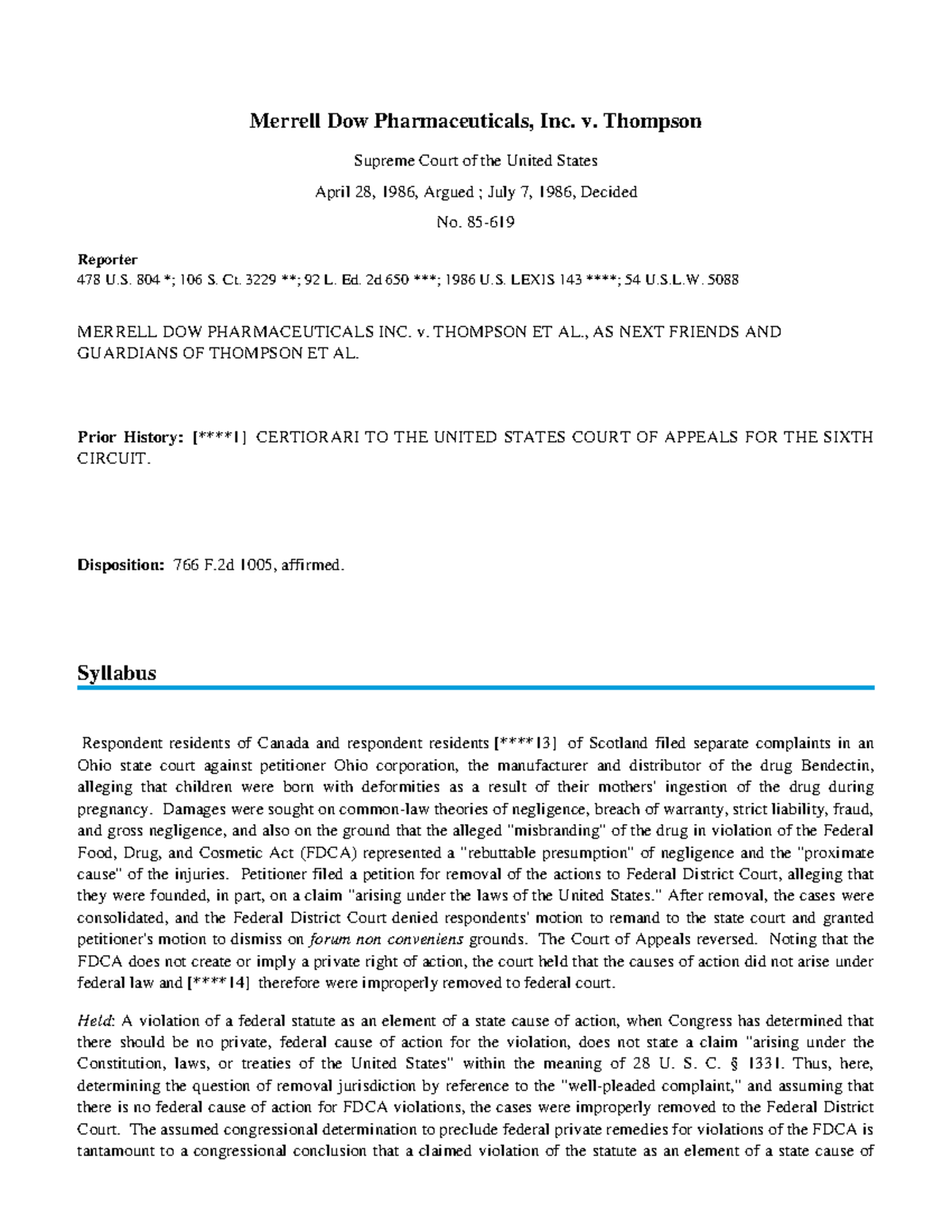 Merrell Dow Pharmaceuticals Inc. v. Thompson 478 U - Merrell Dow ...