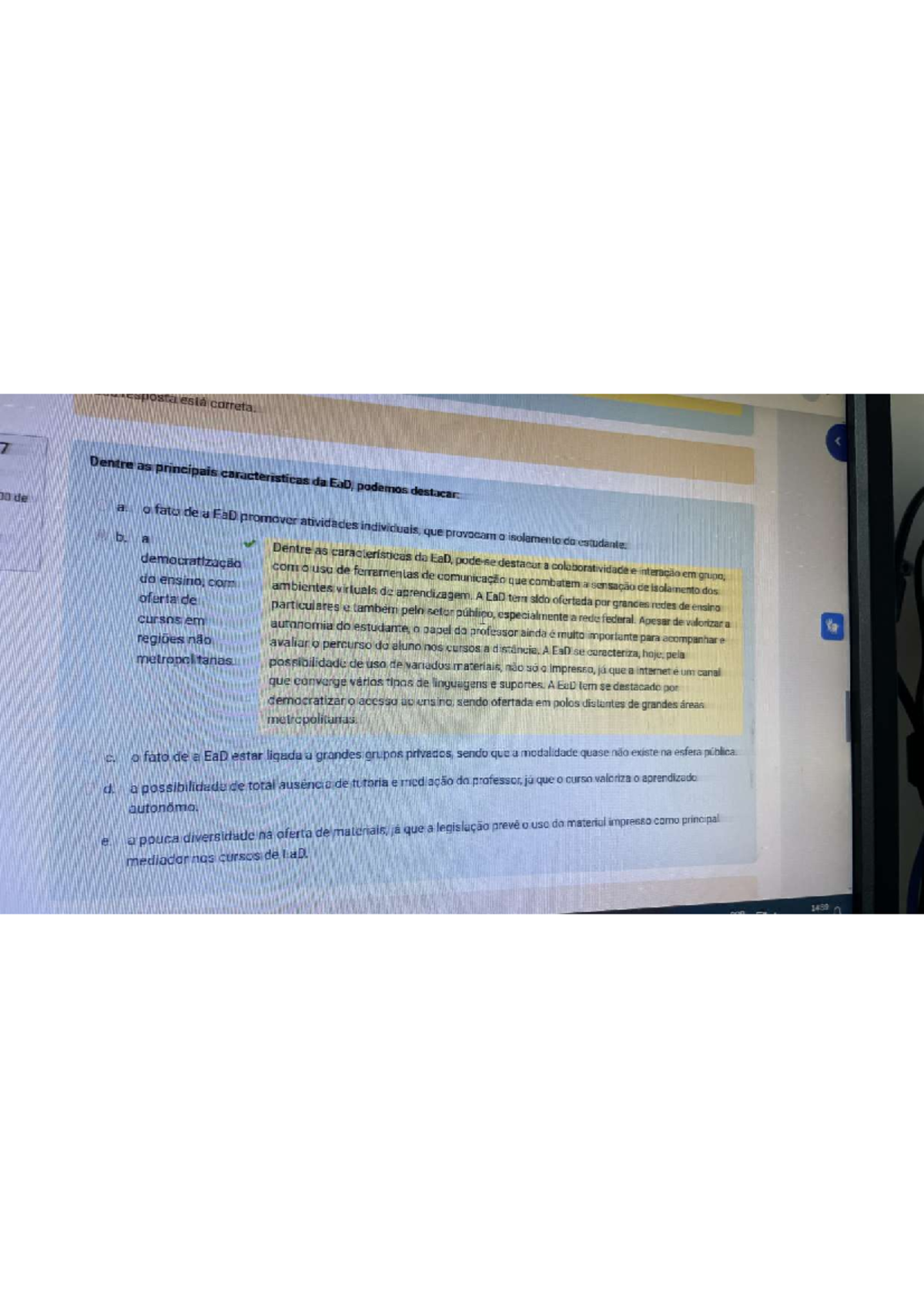 IMG 2957 - respostas - está correta. Dentre as principais caracteristicas da EaD, podemos ...