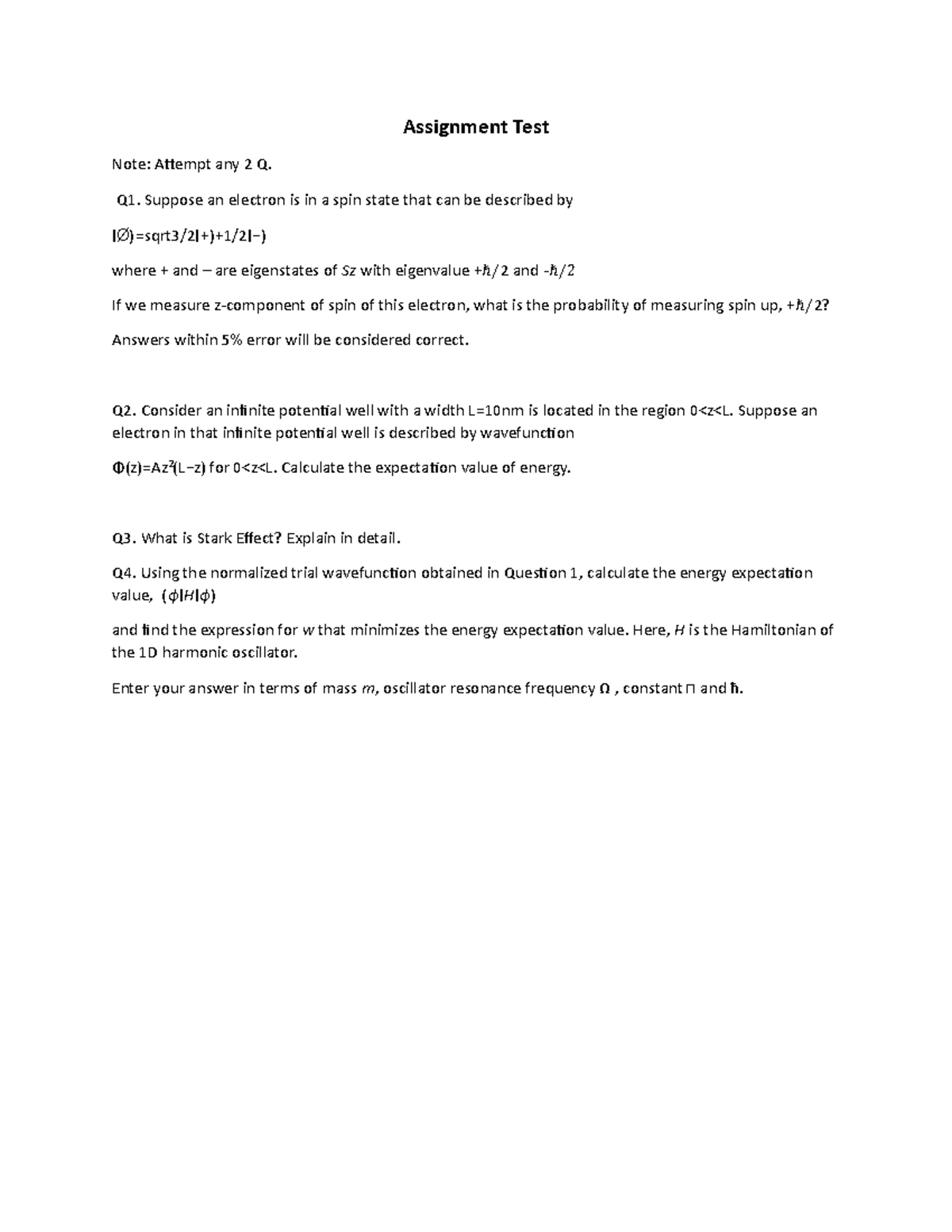 Assignment Test - Assignment Test Note: Attempt any 2 Q. Q1. Suppose an ...