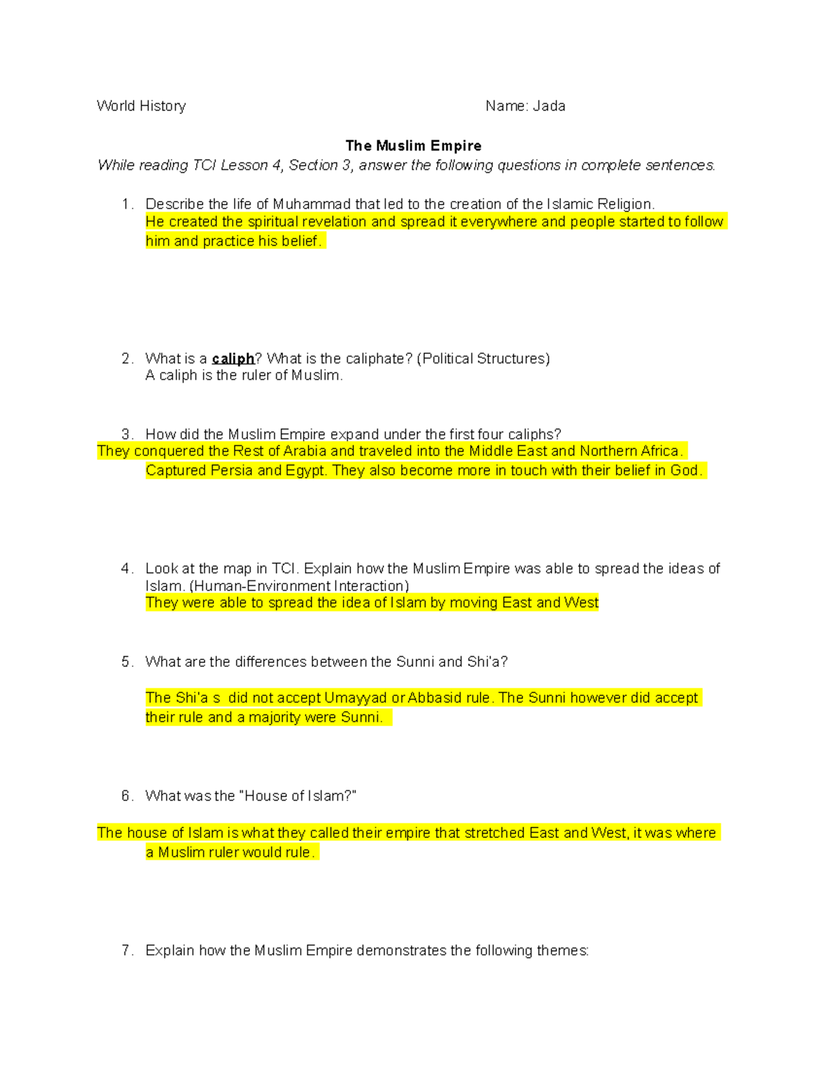 Muslim empire comprehension questions - World History Name: Jada The ...
