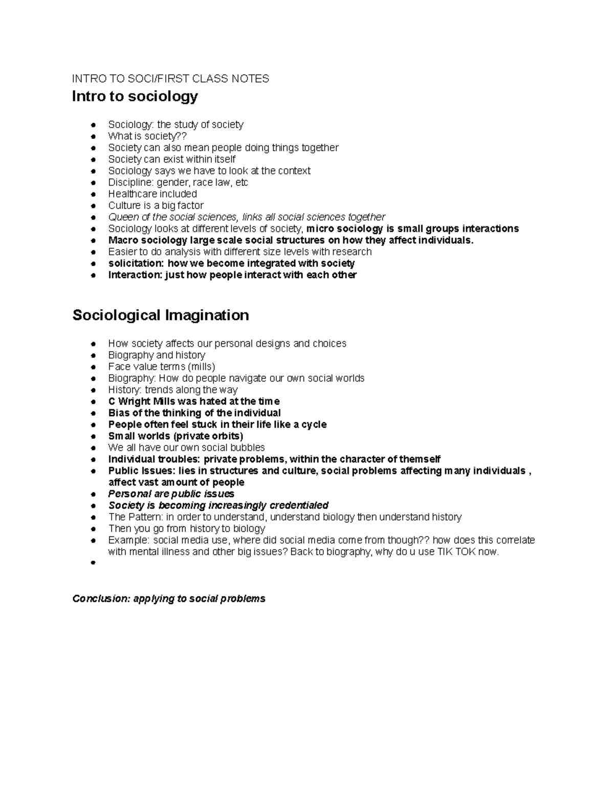 Intro TO SOCI First Unit Notes - INTRO TO SOCI/FIRST CLASS NOTES Intro ...
