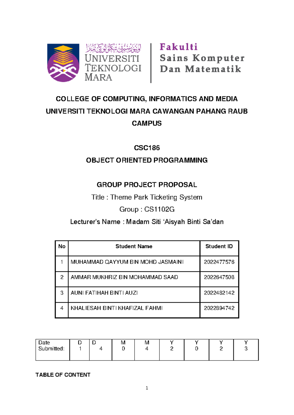 CSC186- Project Proposal - COLLEGE OF COMPUTING, INFORMATICS AND MEDIA ...