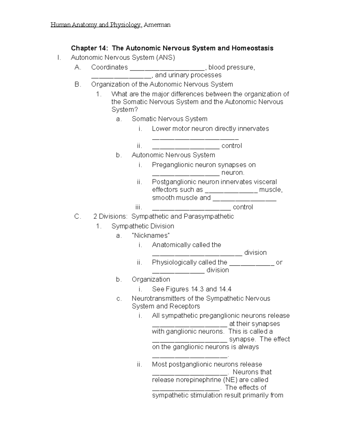 BIO 109HYB Chapter 14 Outline Notes Amerman - Human Anatomy and ...