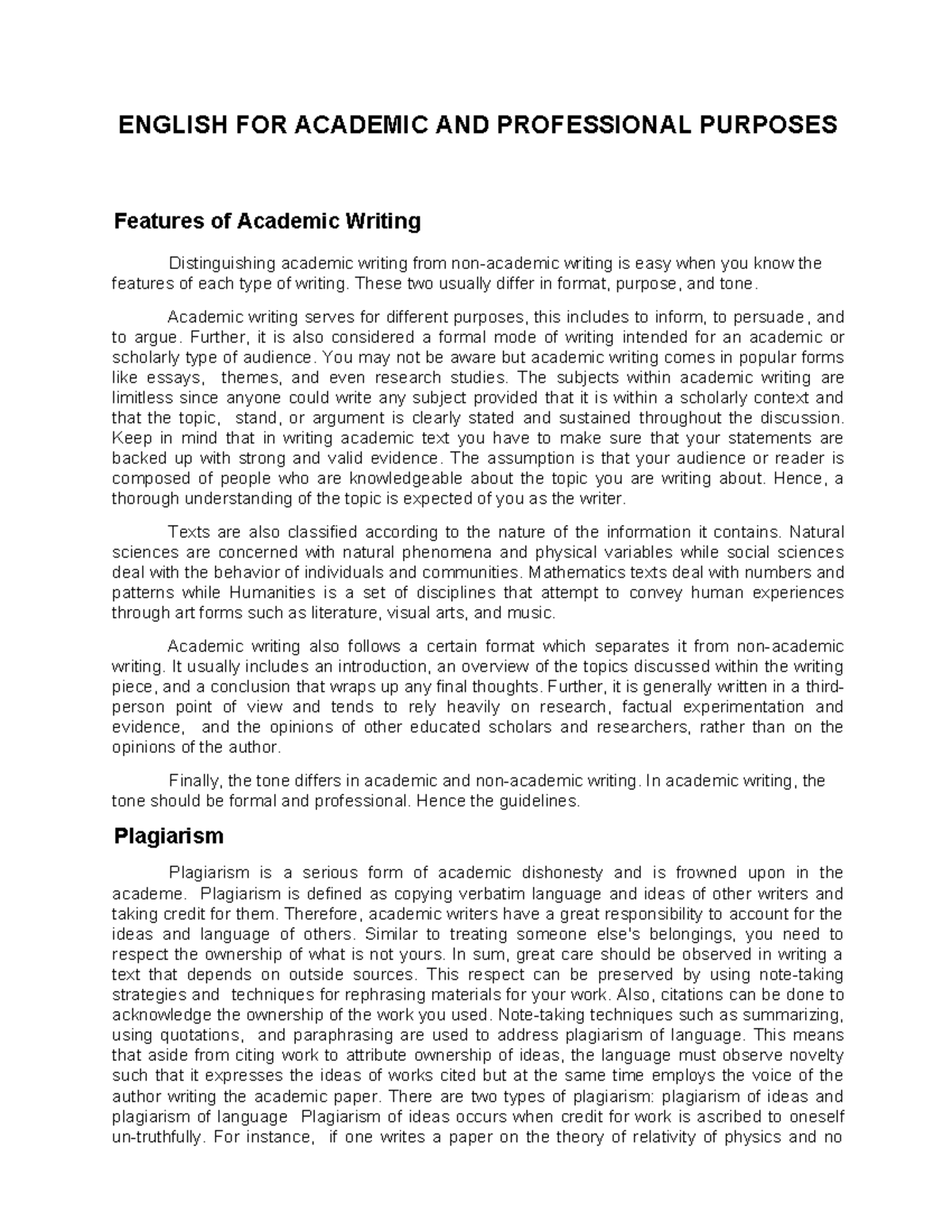 Notes Sheet- English FOR Academic AND Professional Purposes - ENGLISH ...