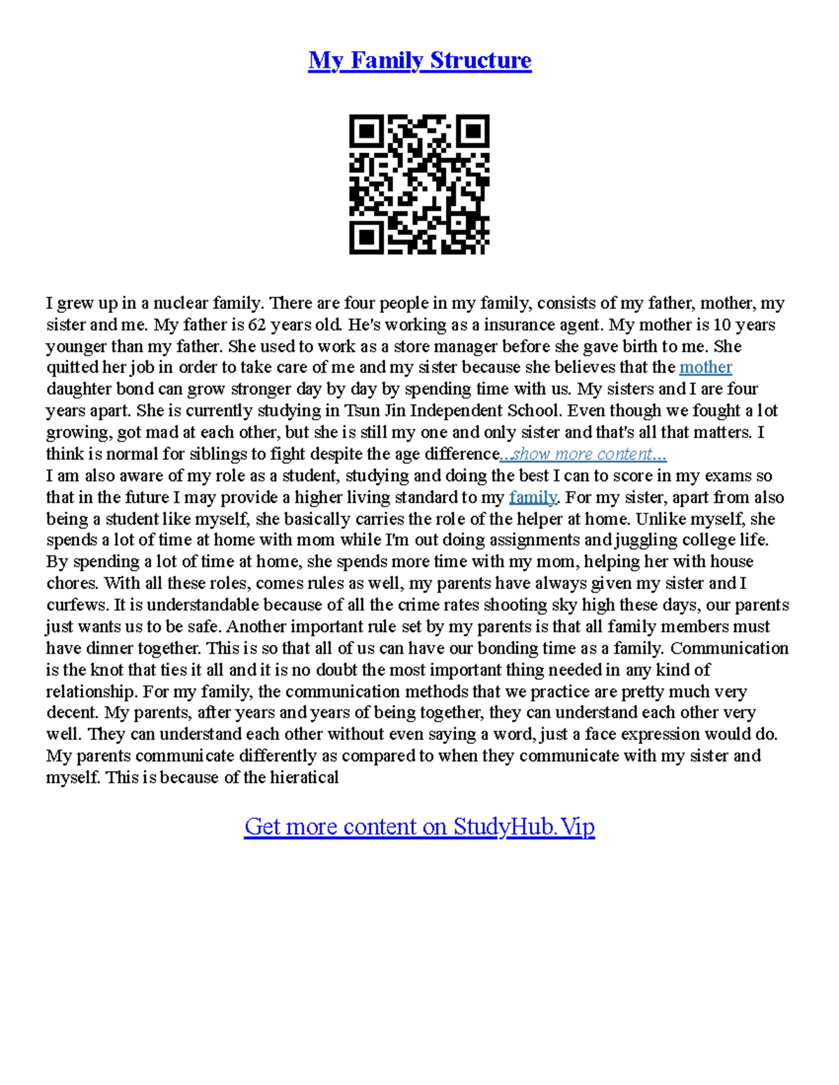 My Family Essay Example - My Family Structure I grew up in a nuclear ...