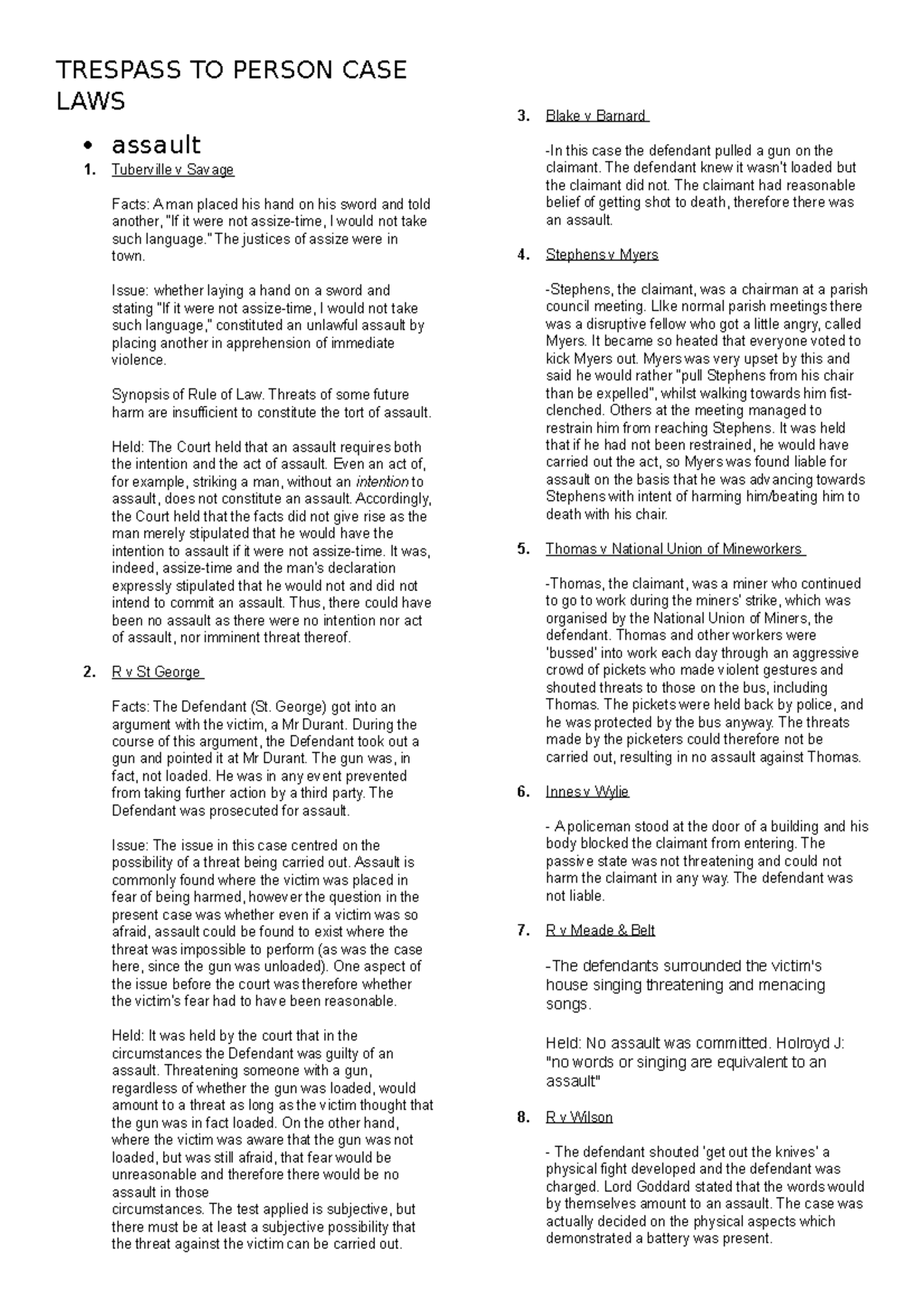 Trespass TO Person CASE LAWS - TRESPASS TO PERSON CASE LAWS ...