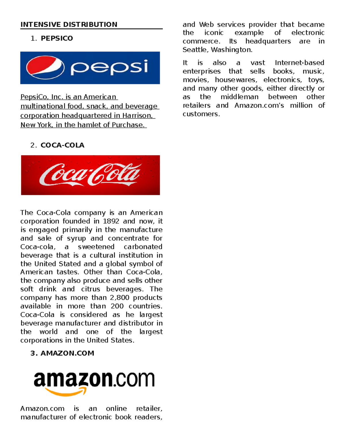 Selective Distribution - INTENSIVE DISTRIBUTION 1. PEPSICO PepsiCo, Inc ...