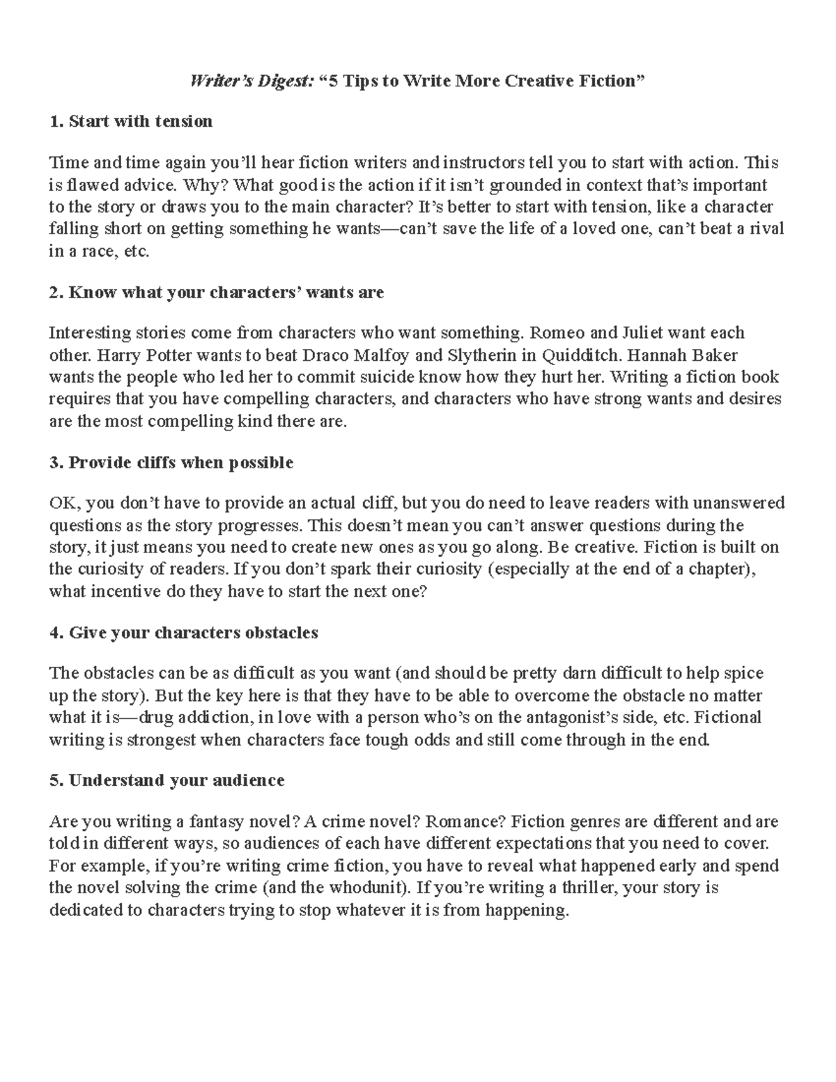 Tips for Writing Fiction (M1) - Writer’s Digest: “5 Tips to Write More ...