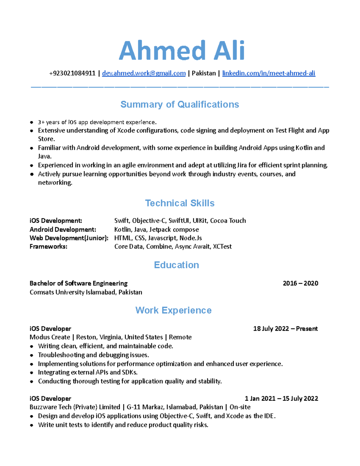 Ahmed Ali Resume - Ahmed Ali +923021084911 | dev.ahmed@gmail | Pakistan | linkedin/in/meet-ahmed ...