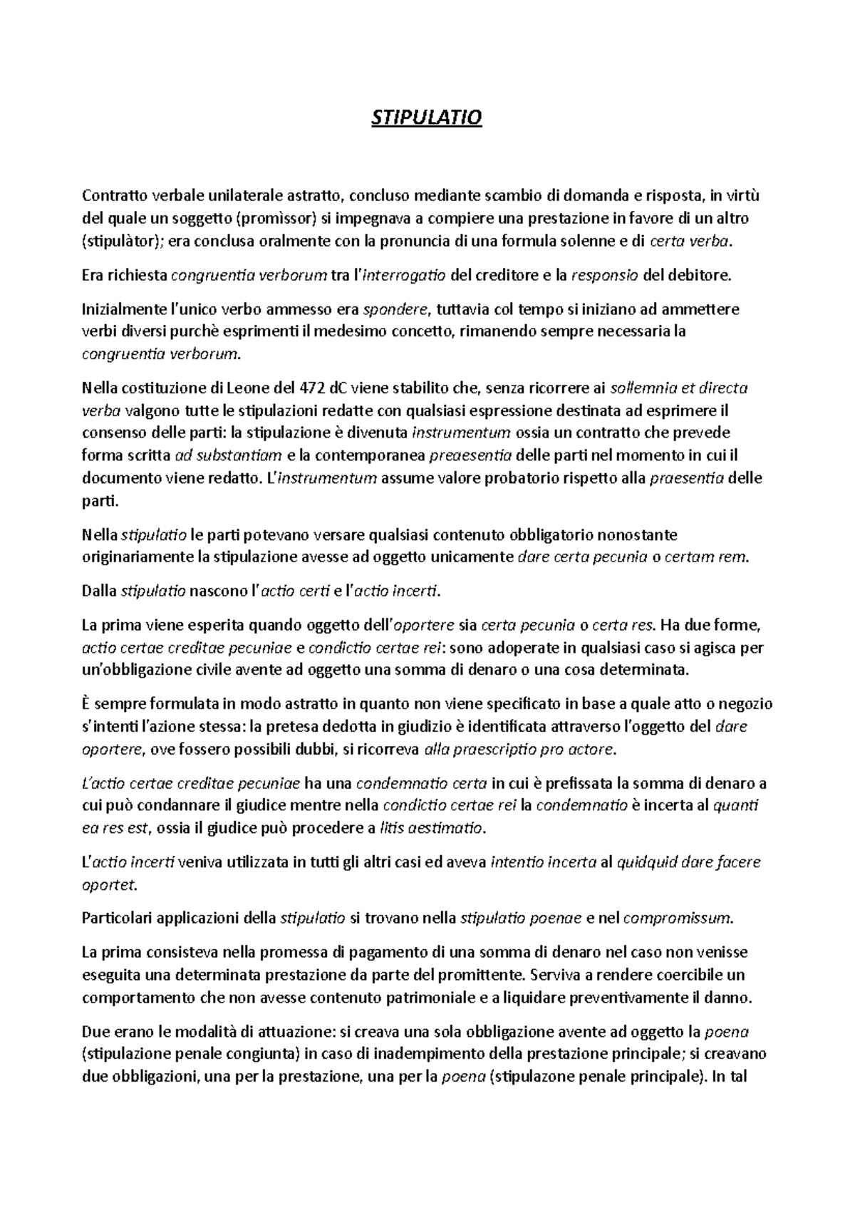 Stipulatio - STIPULATIO Contratto verbale unilaterale astratto ...