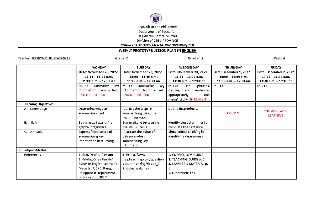 ENG7 Q2 WEEK4 DLL - A sample Daily Lesson Log. - Republic of the Philippines Department of ...