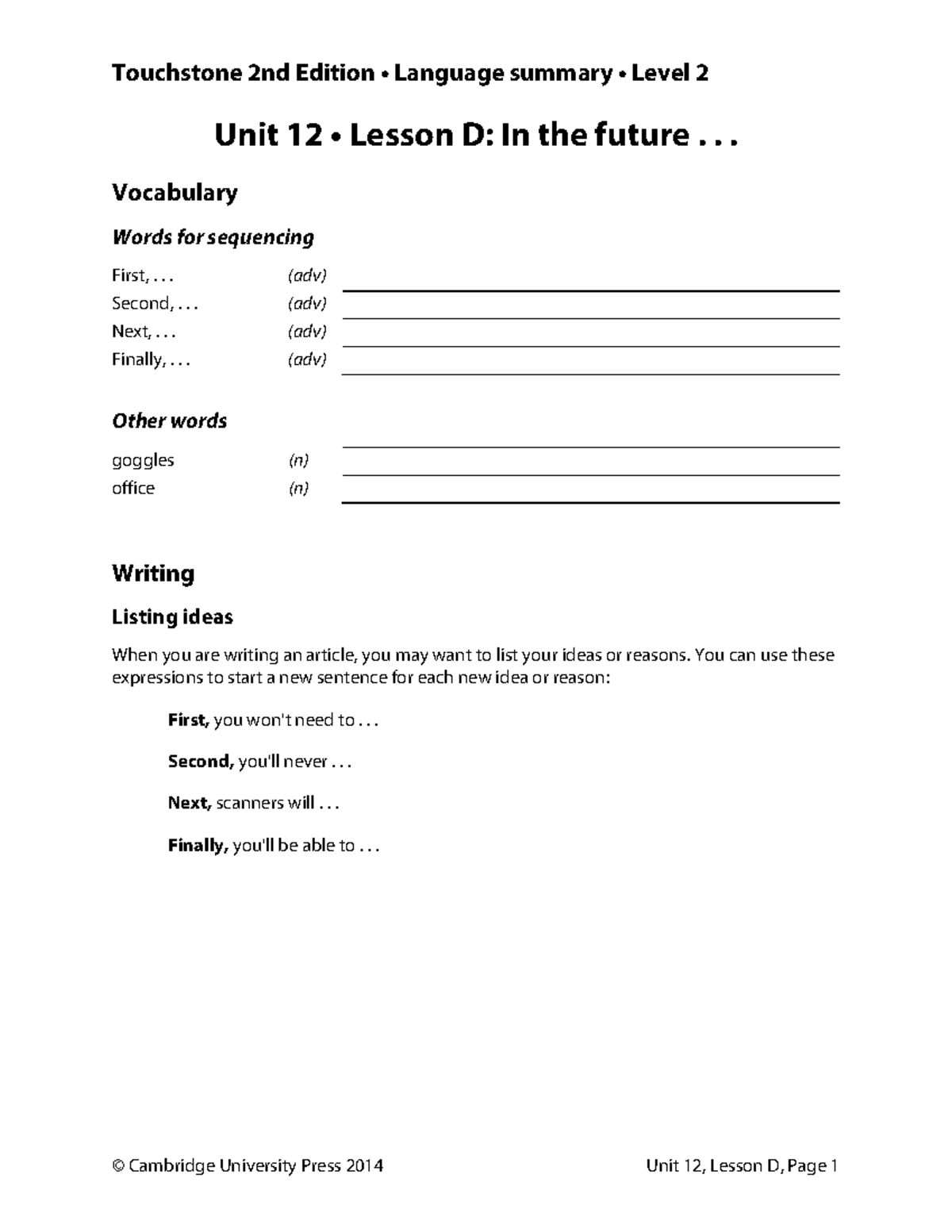 Unit 12 - Lesson D In the future . . - Touchstone 2nd Edition • Language summary • Level 2 Unit ...