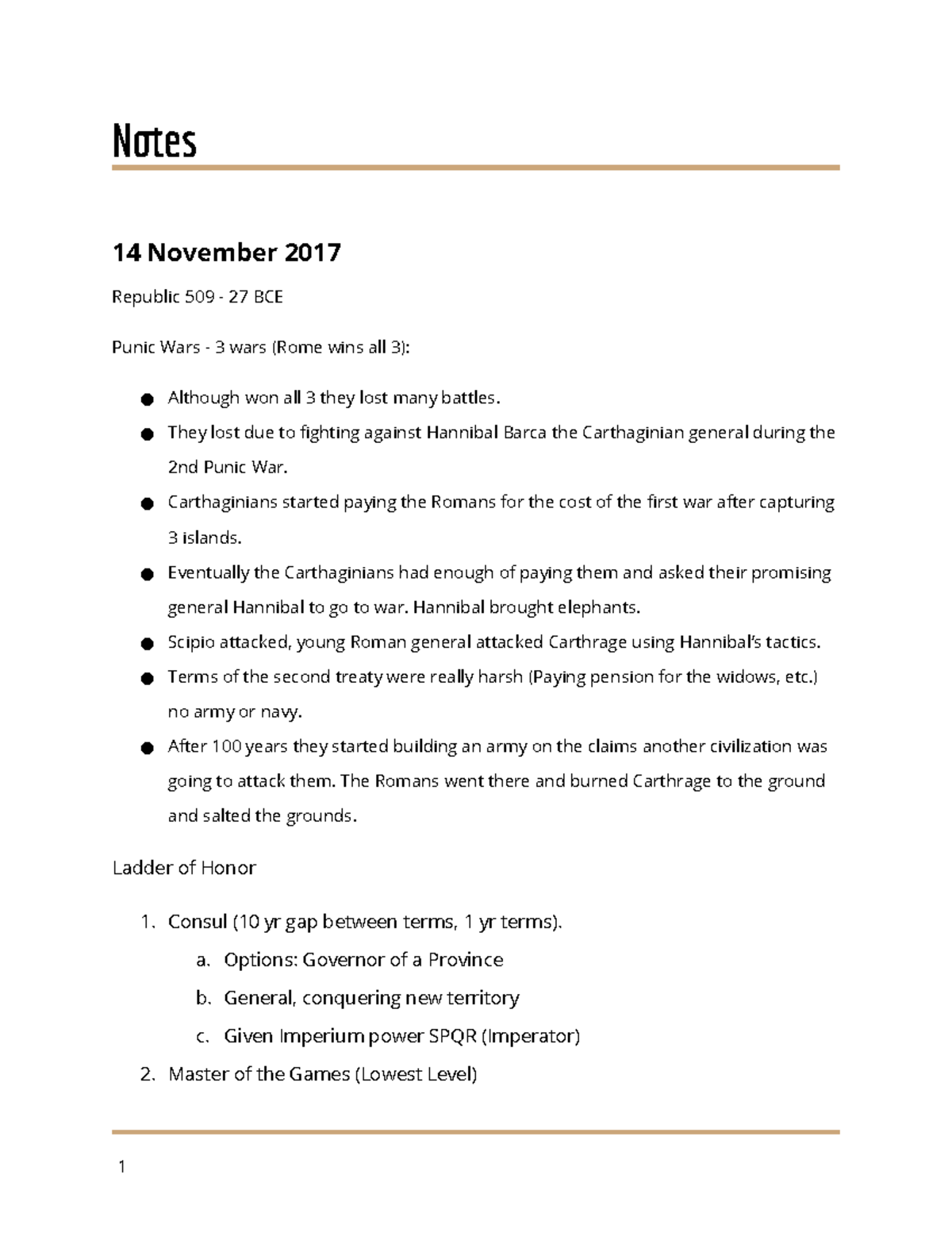 11 14 - Notes - Notes 14 November 2017 Republic 509 - 27 BCE Punic Wars ...