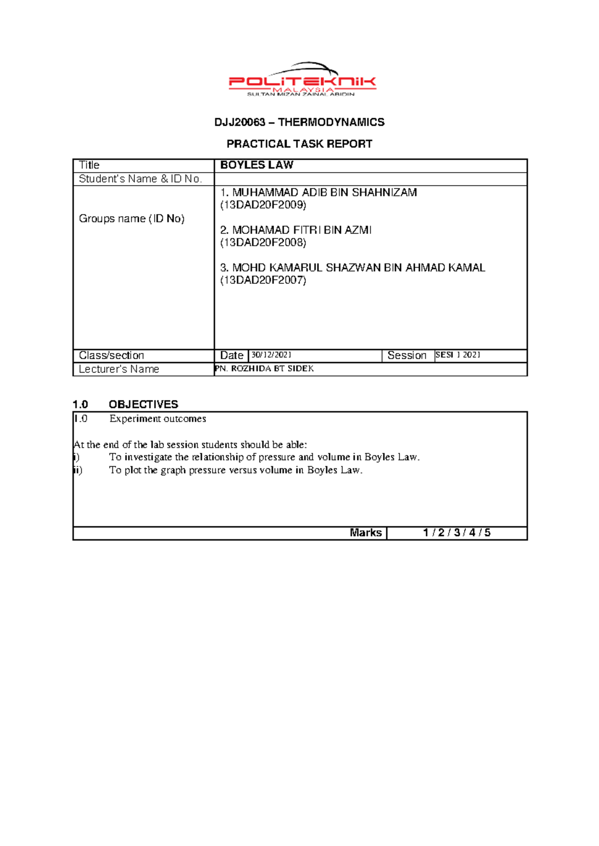 Lab 2 thermo - Heh - DJJ20063 – THERMODYNAMICS PRACTICAL TASK REPORT ...