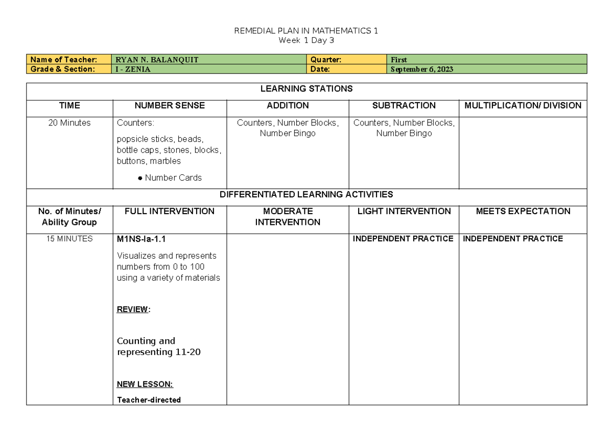 Remedial Plan Mathematics - Week 1 Day 3 - REMEDIAL PLAN IN MATHEMATICS ...