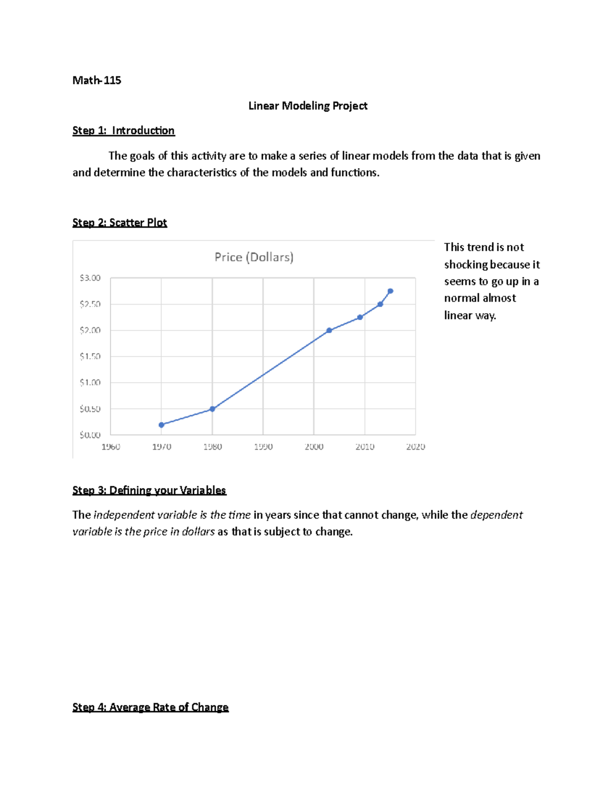 Linear modeleing project - Math- Linear Modeling Project Step 1 ...