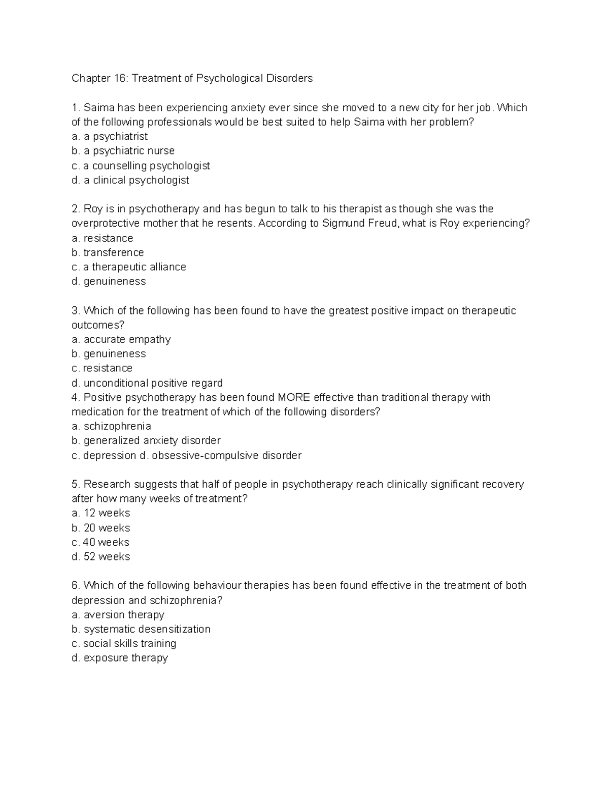 PSYC 1002 Chapter 16 Practice MC - Chapter 16: Treatment of ...