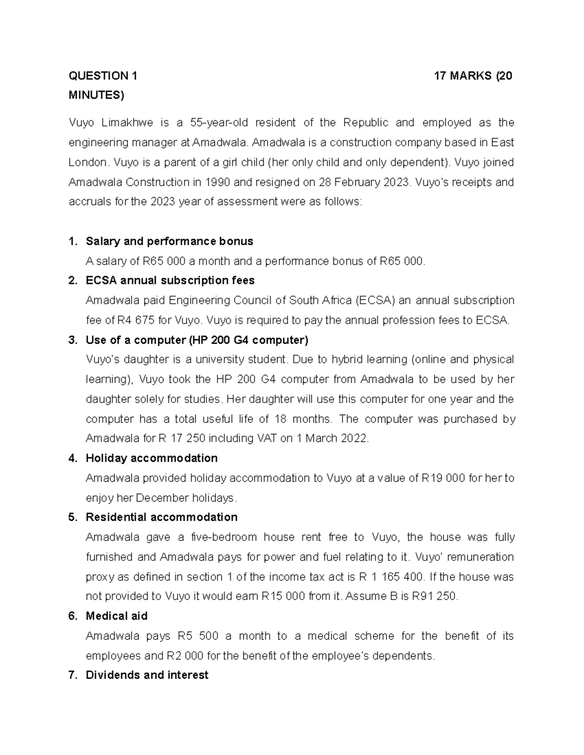 Fringe benefits tutorial question - QUESTION 1 17 MARKS ( MINUTES) Vuyo ...