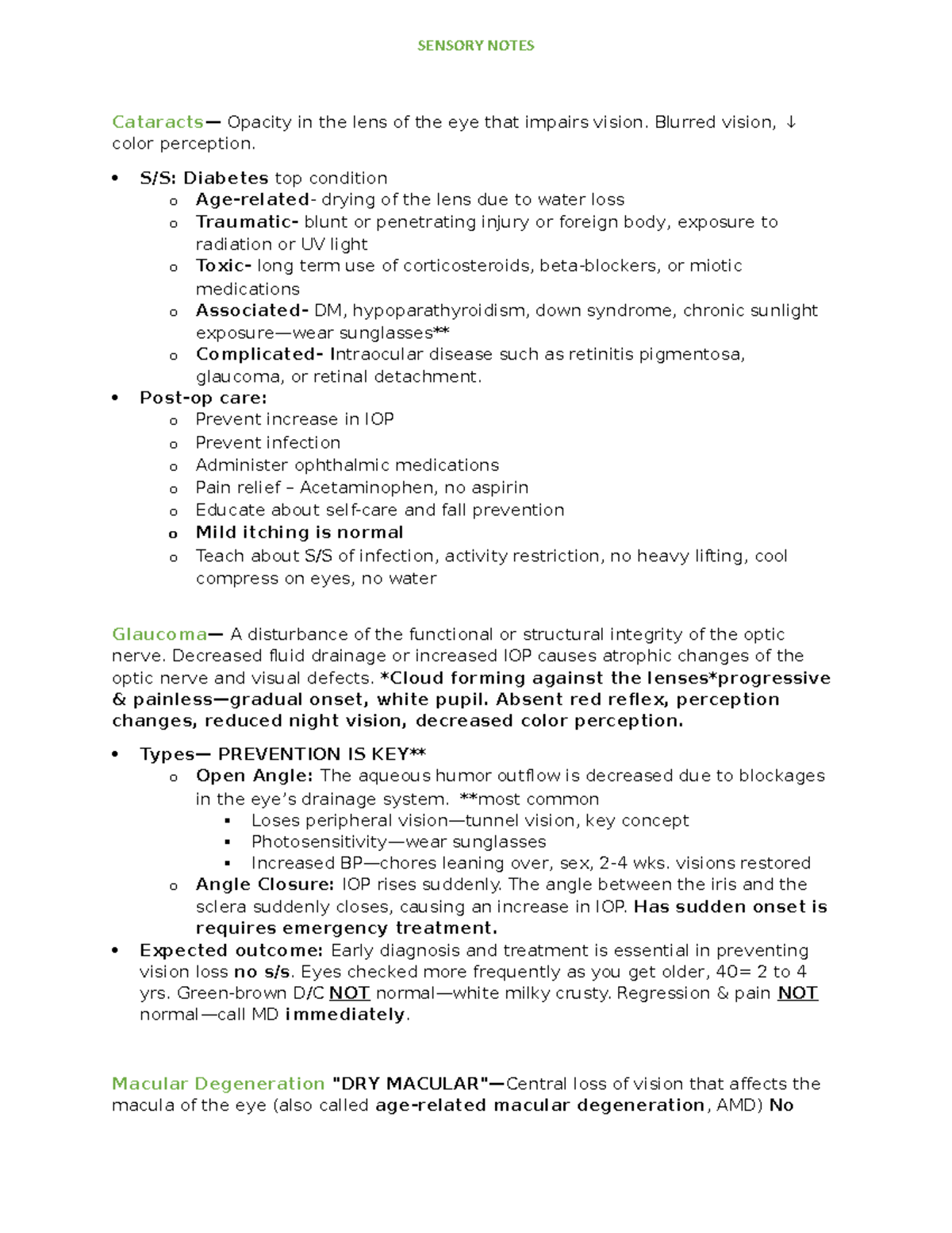 Chap 42 sensorynotes - helpful study guide notes - SENSORY NOTES ...