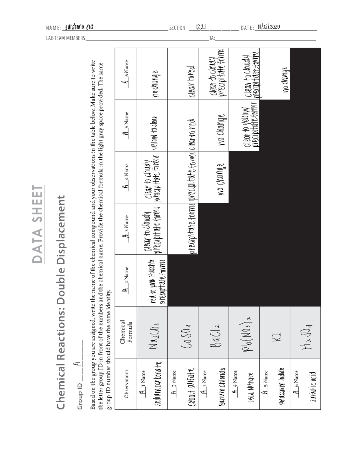 Experiment 7 GEN CHEM - NAME: SECTION: _________________ DATE: LAB TEAM ...