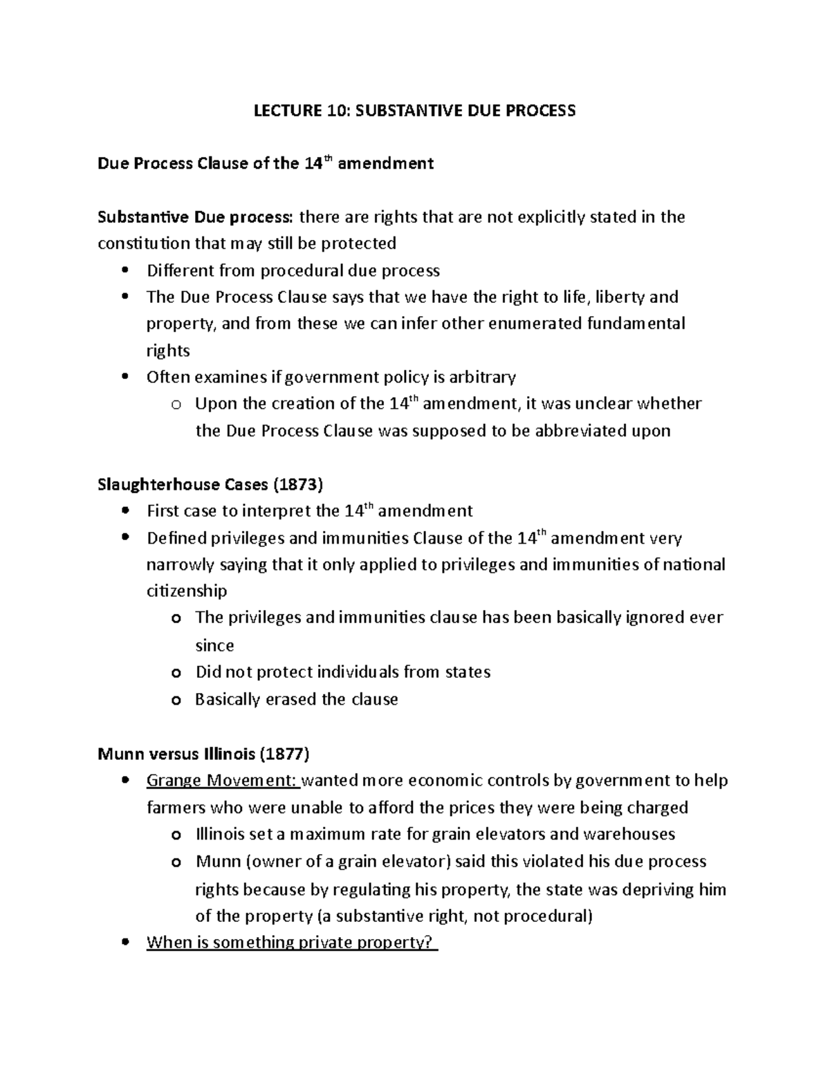 Political Science Lecture 10 - LECTURE 10: SUBSTANTIVE DUE PROCESS Due ...