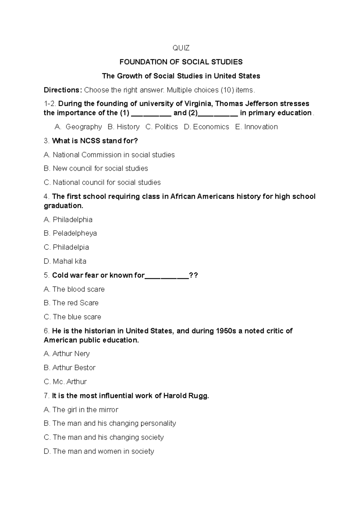 Document - FSSM 101 QUIZ - QUIZ FOUNDATION OF SOCIAL STUDIES The Growth ...