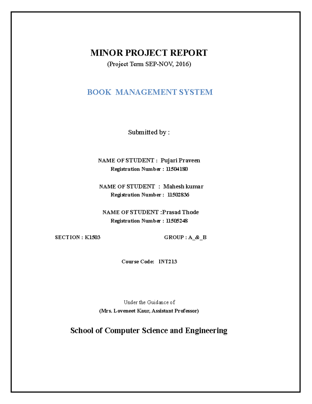 359860520 Python Mini Project Minor Project Report Project Term Sep Nov 2016 Book