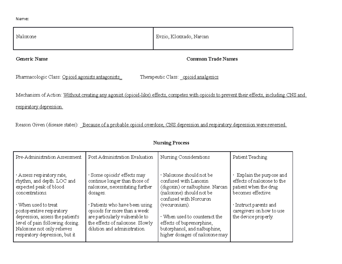 Medication Card 6 Q4 clinical - Name: Naloxone Evzio, Kloxxado, Narcan ...