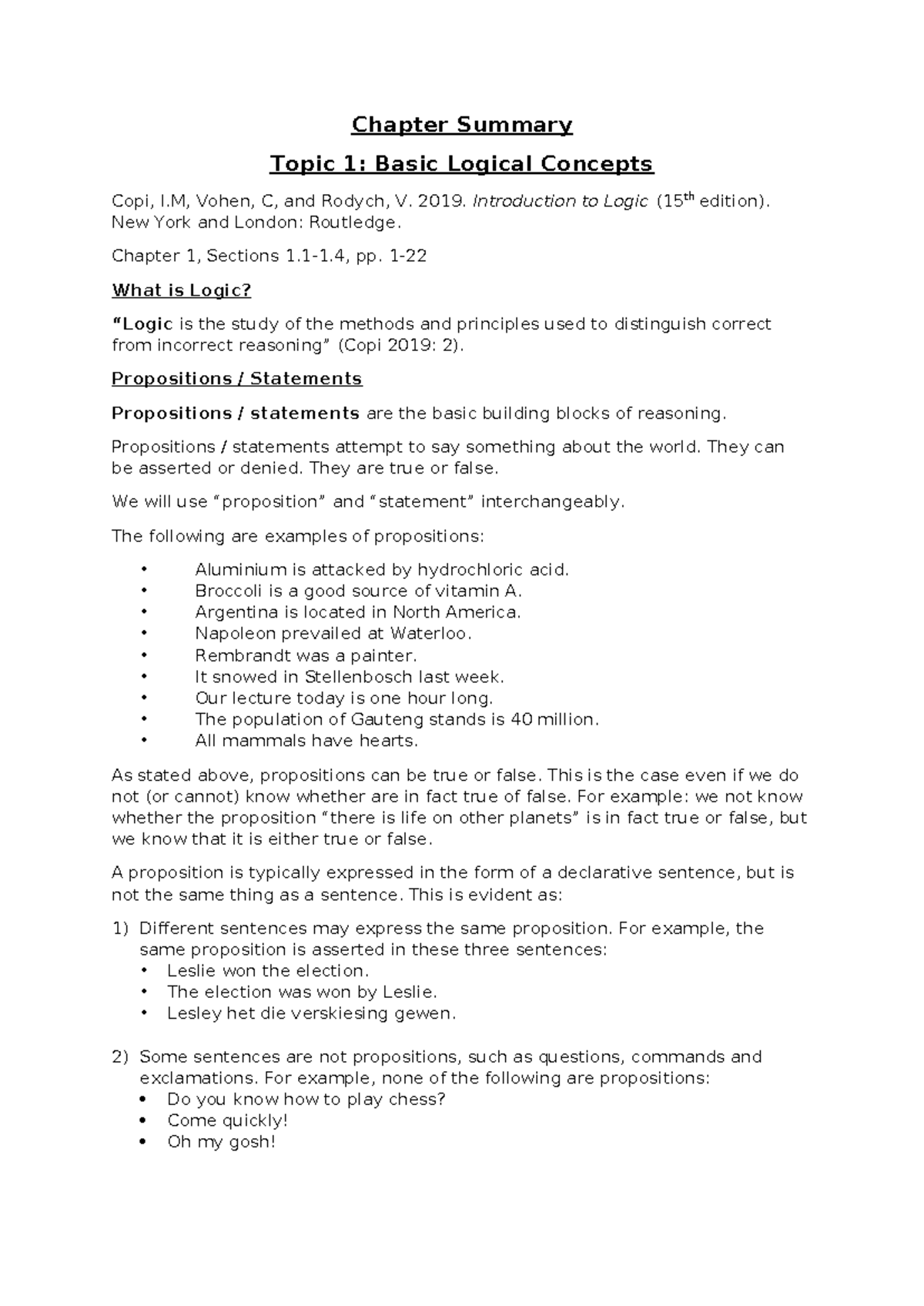 Chapter Summary - Topic 1 - Chapter Summary Topic 1: Basic Logical Concepts Copi, I, Vohen, C ...